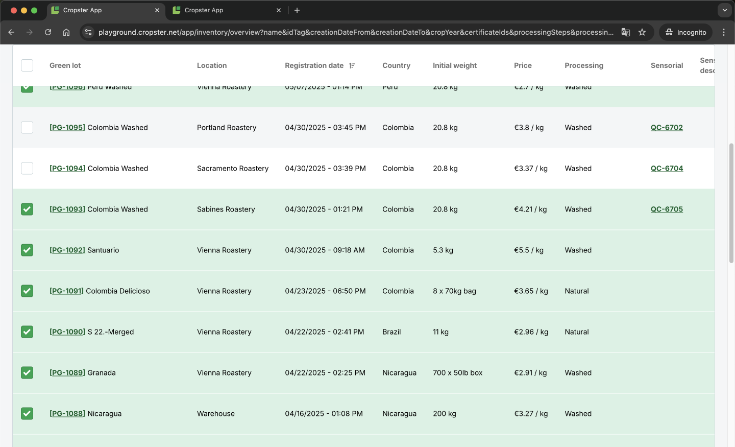 Cropster's New Green Inventory Overview